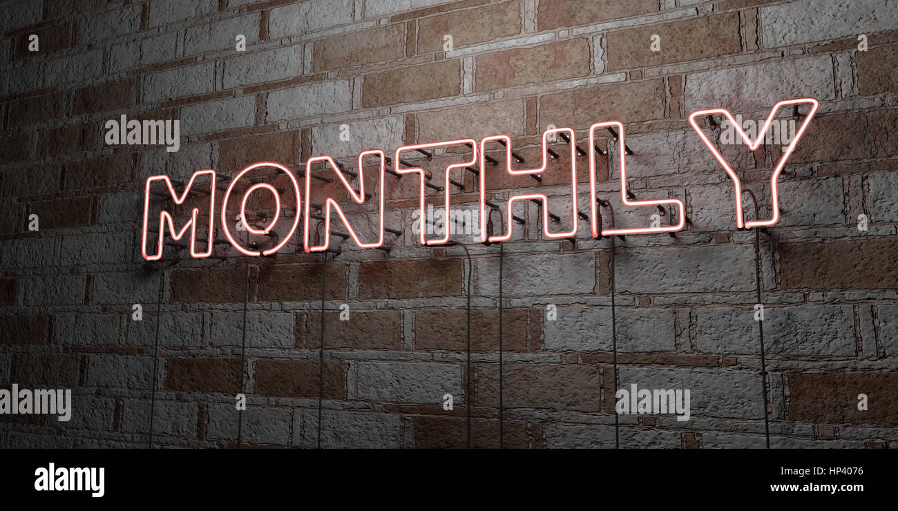MONTHLY - Glowing Neon Sign on stonework wall - 3D rendered royalty ...