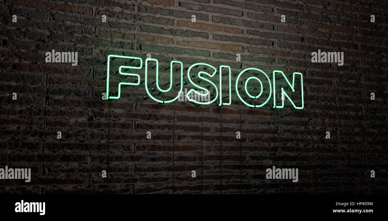FUSION -Realistic Neon Sign on Brick Wall background - 3D rendered ...