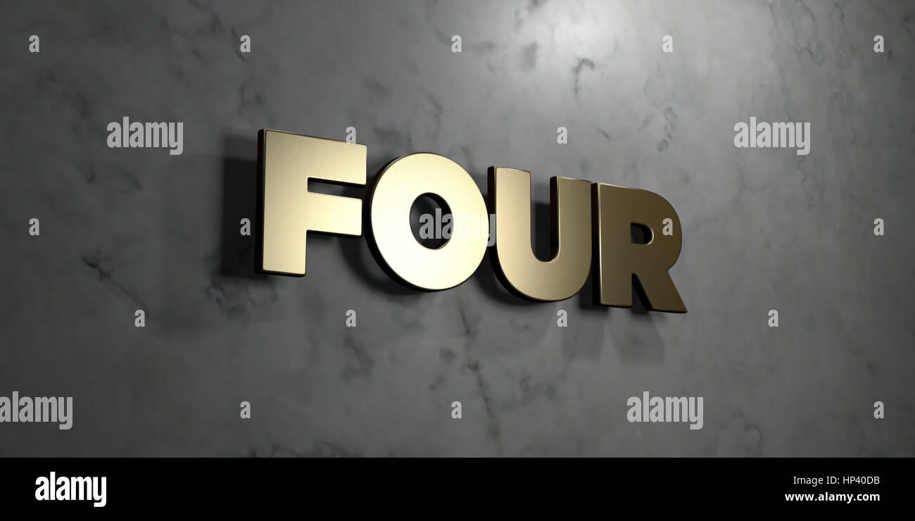 Four - Gold sign mounted on glossy marble wall - 3D rendered royalty ...