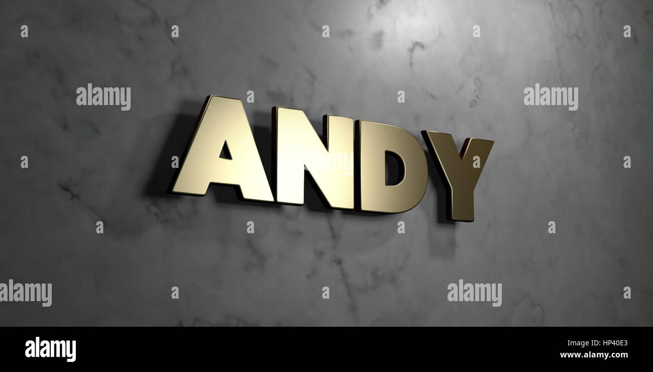 Andy - Gold sign mounted on glossy marble wall - 3D rendered royalty ...