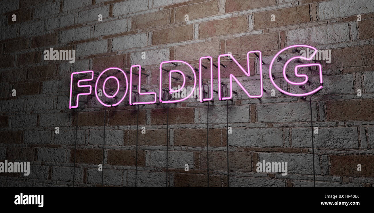 FOLDING - Glowing Neon Sign on stonework wall - 3D rendered royalty ...