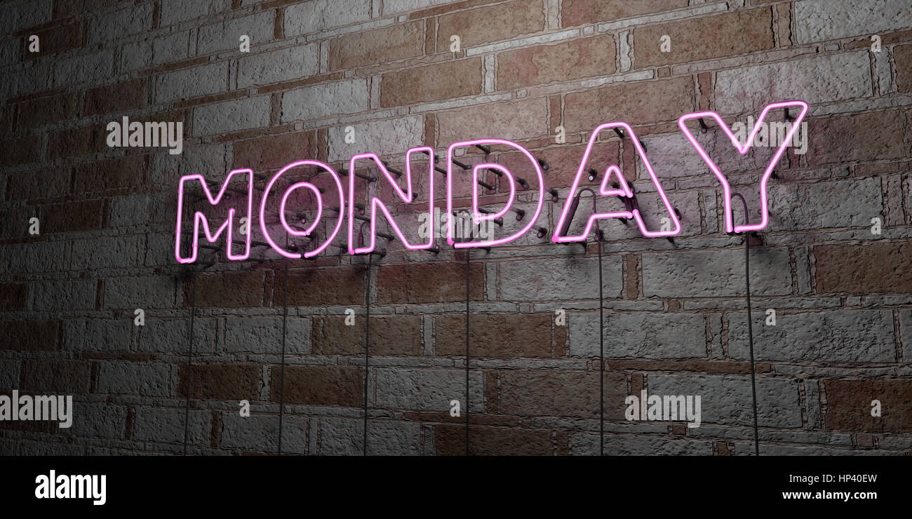 MONDAY - Glowing Neon Sign on stonework wall - 3D rendered royalty free ...