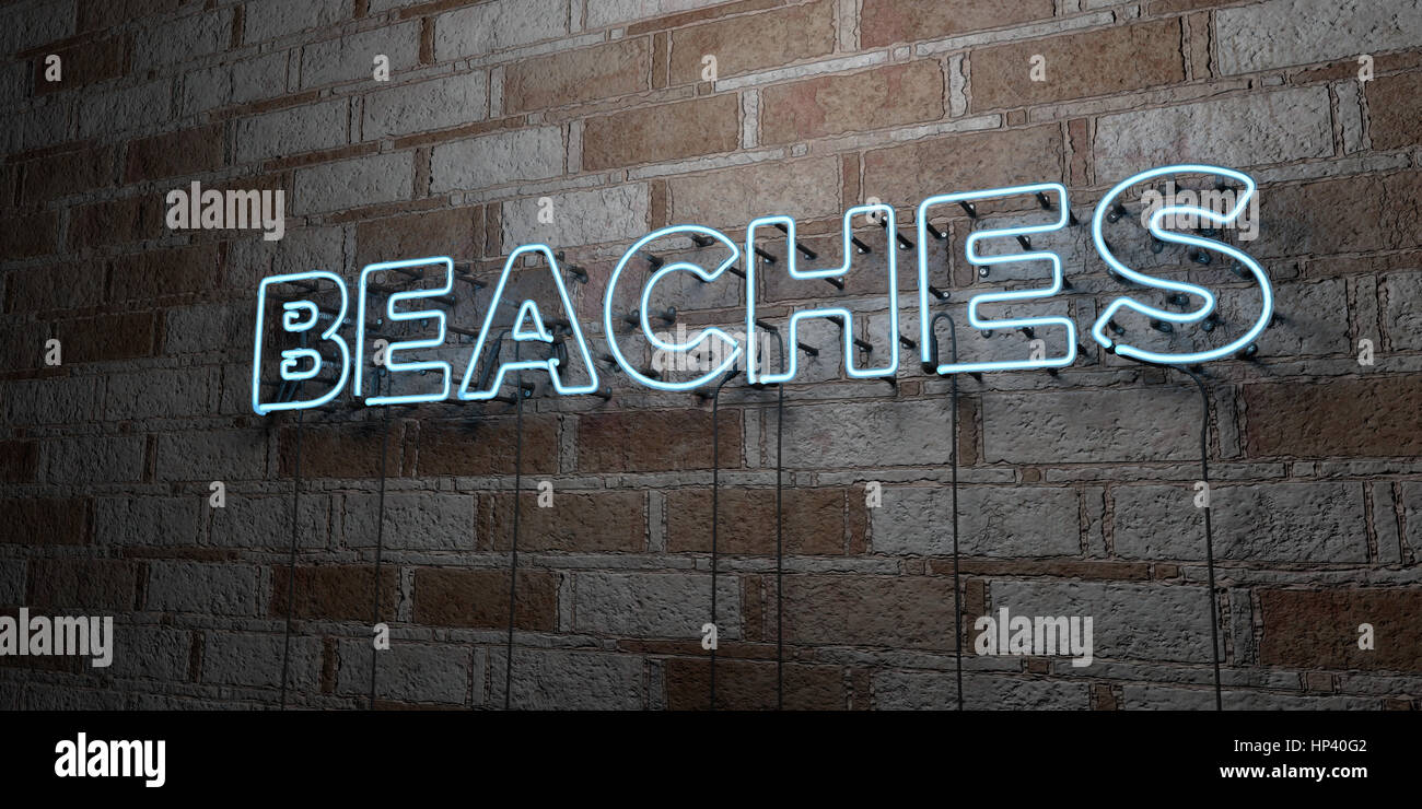BEACHES - Glowing Neon Sign on stonework wall - 3D rendered royalty ...