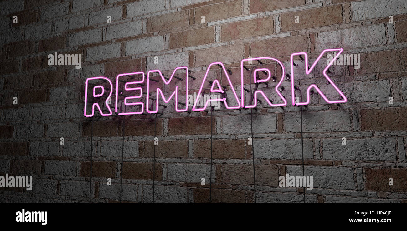 REMARK - Glowing Neon Sign on stonework wall - 3D rendered royalty free ...
