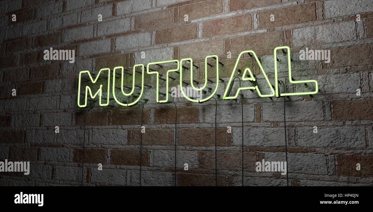 MUTUAL - Glowing Neon Sign on stonework wall - 3D rendered royalty free ...