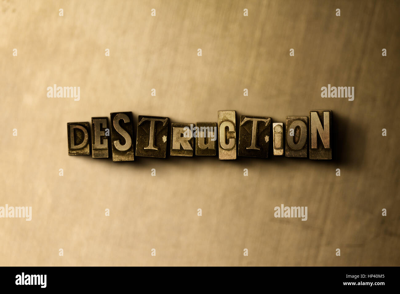 DESTRUCTION - close-up of grungy vintage typeset word on metal backdrop ...