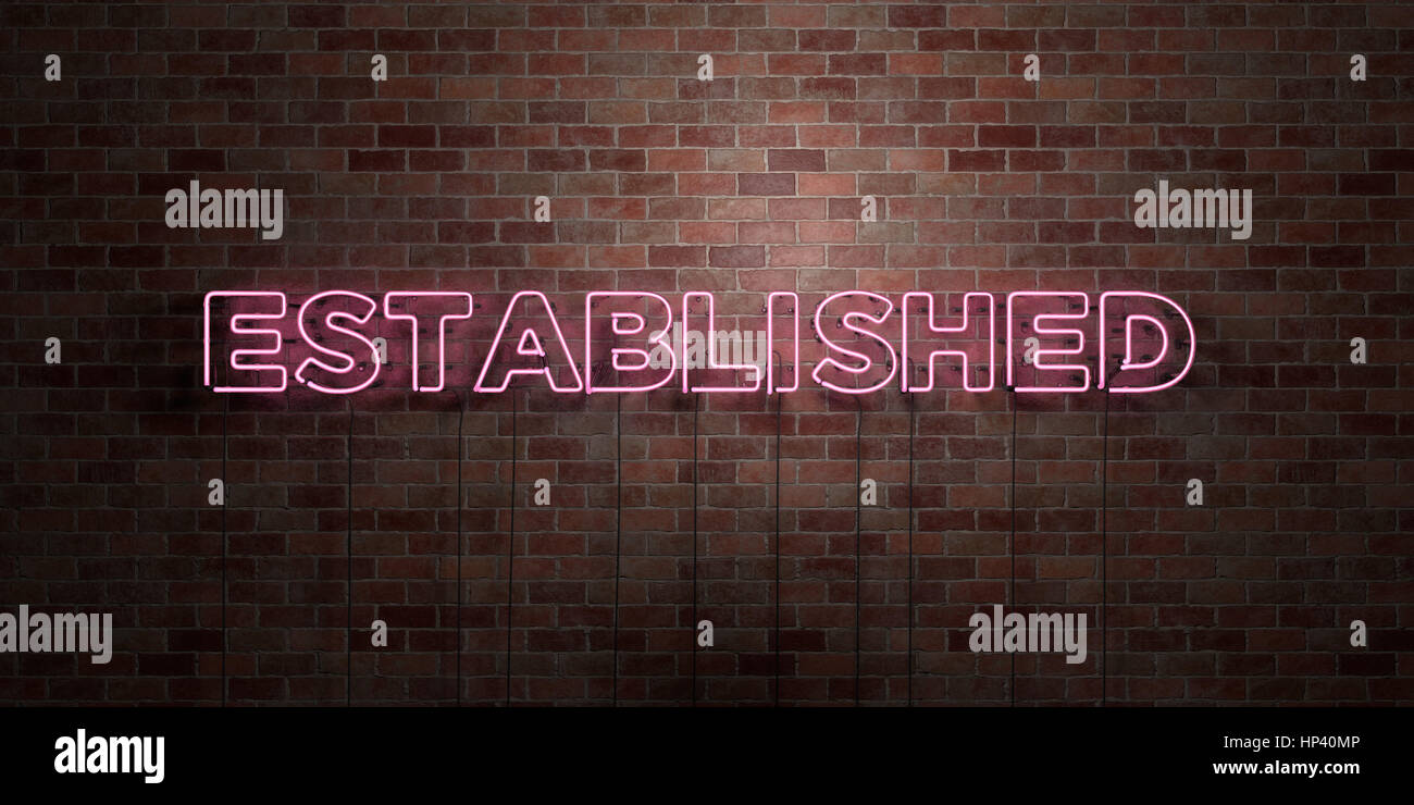 ESTABLISHED - fluorescent Neon tube Sign on brickwork - Front view - 3D ...