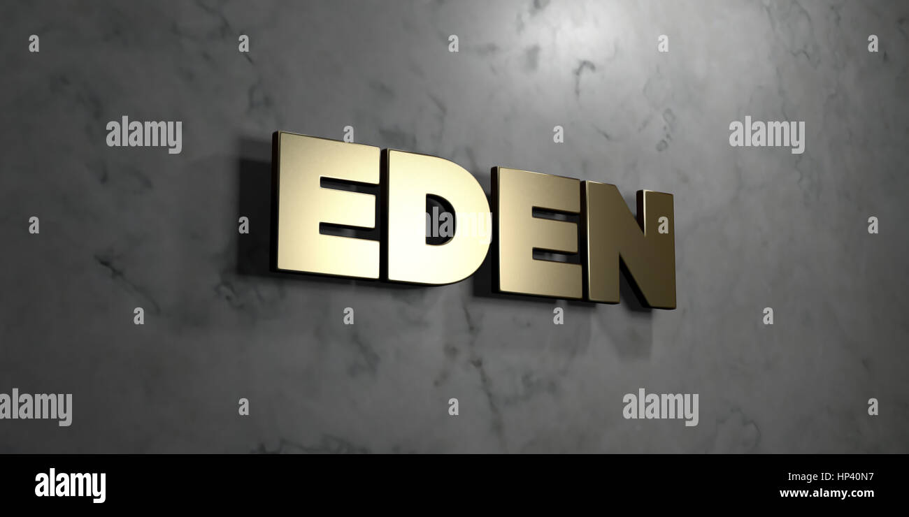 Eden - Gold sign mounted on glossy marble wall - 3D rendered royalty ...