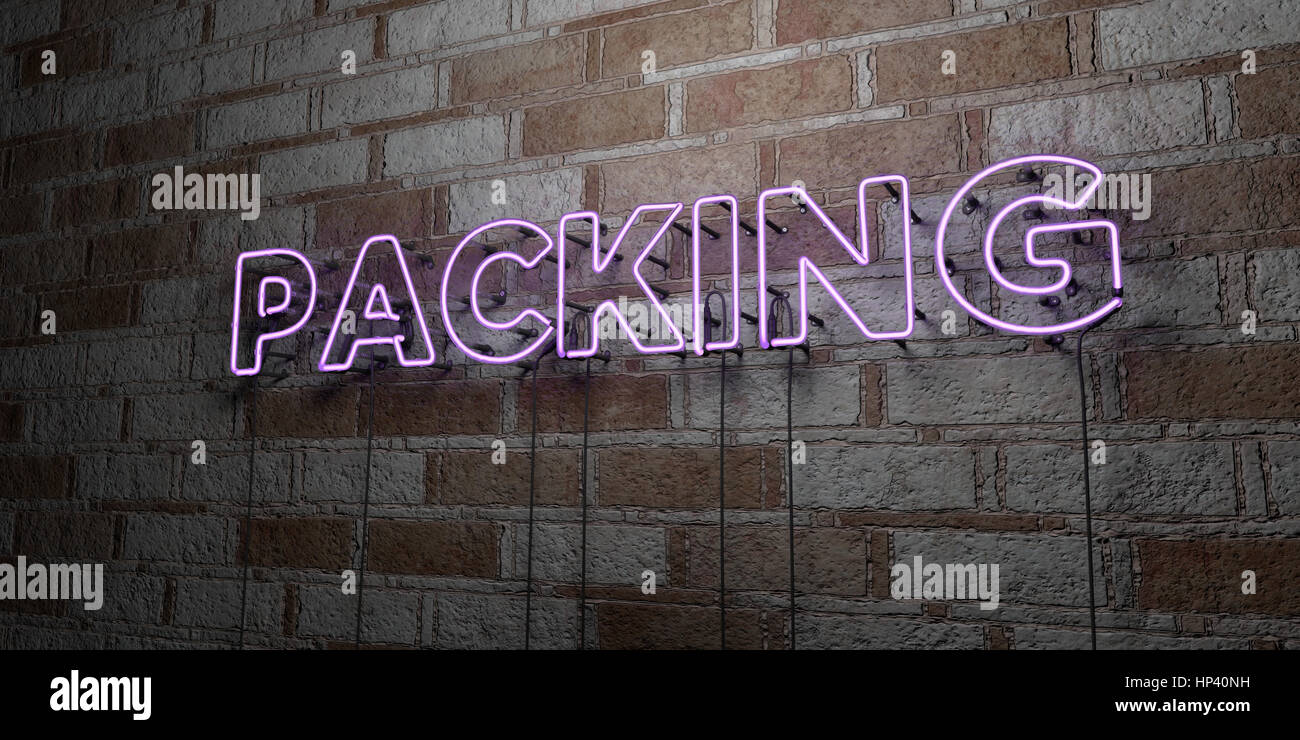 PACKING - Glowing Neon Sign on stonework wall - 3D rendered royalty ...
