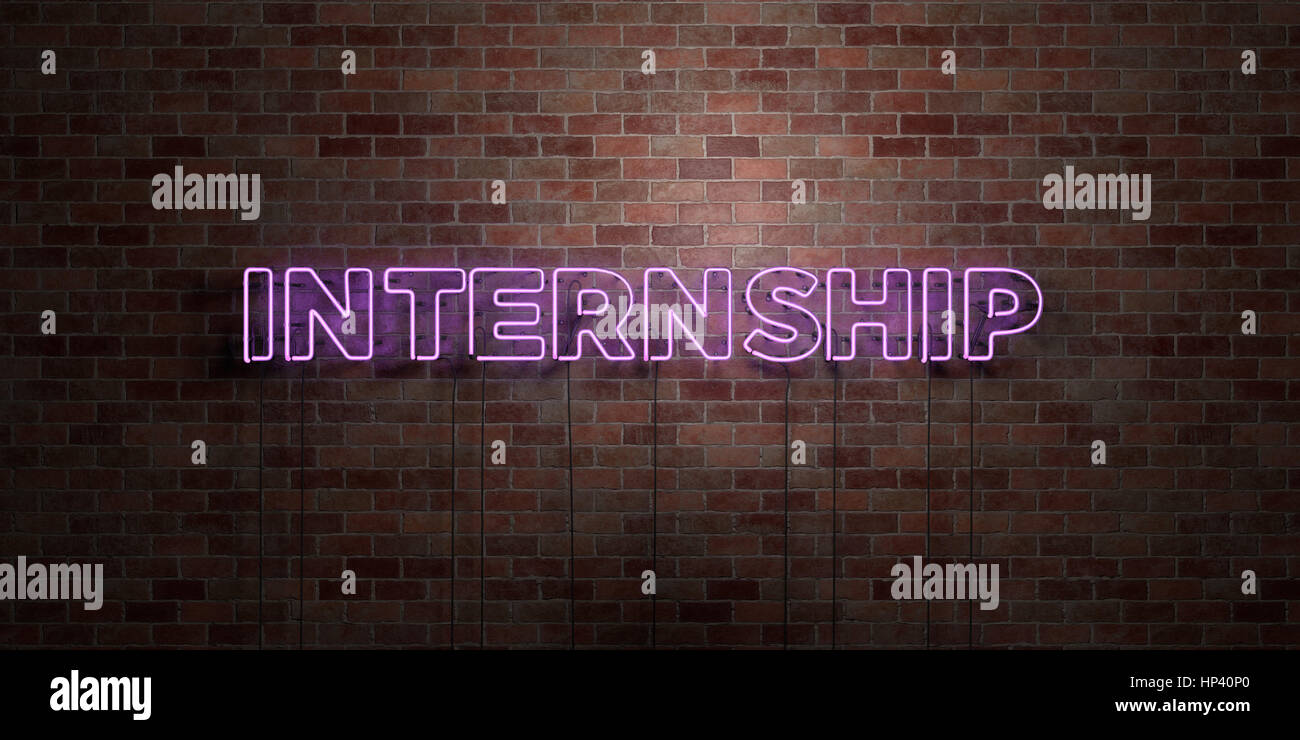 INTERNSHIP - fluorescent Neon tube Sign on brickwork - Front view - 3D ...
