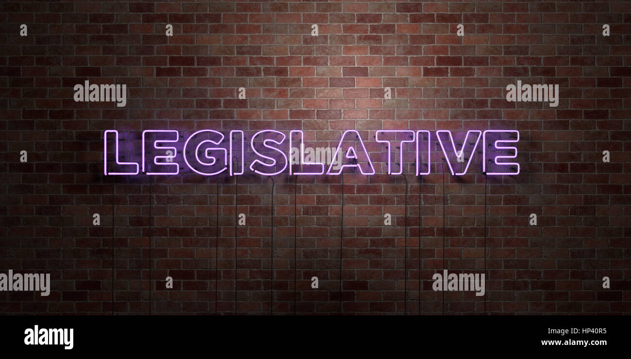 LEGISLATIVE - fluorescent Neon tube Sign on brickwork - Front view - 3D ...