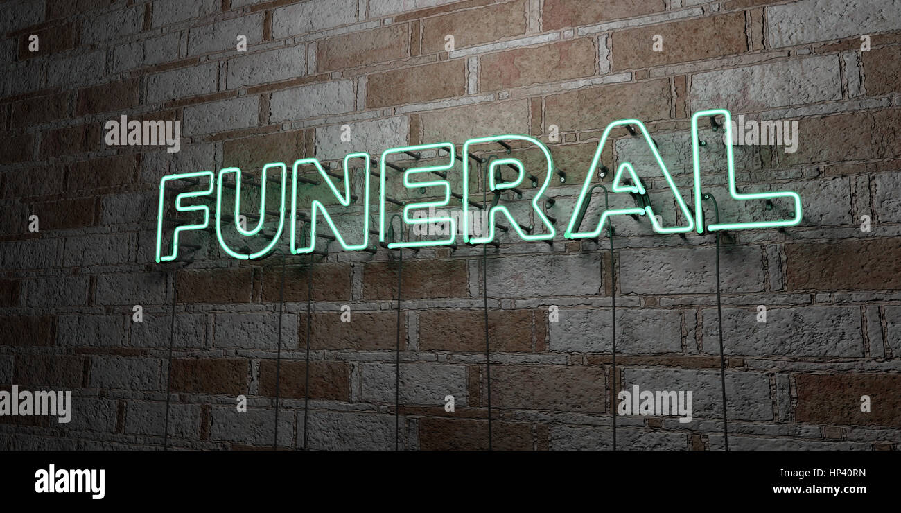 FUNERAL - Glowing Neon Sign on stonework wall - 3D rendered royalty ...