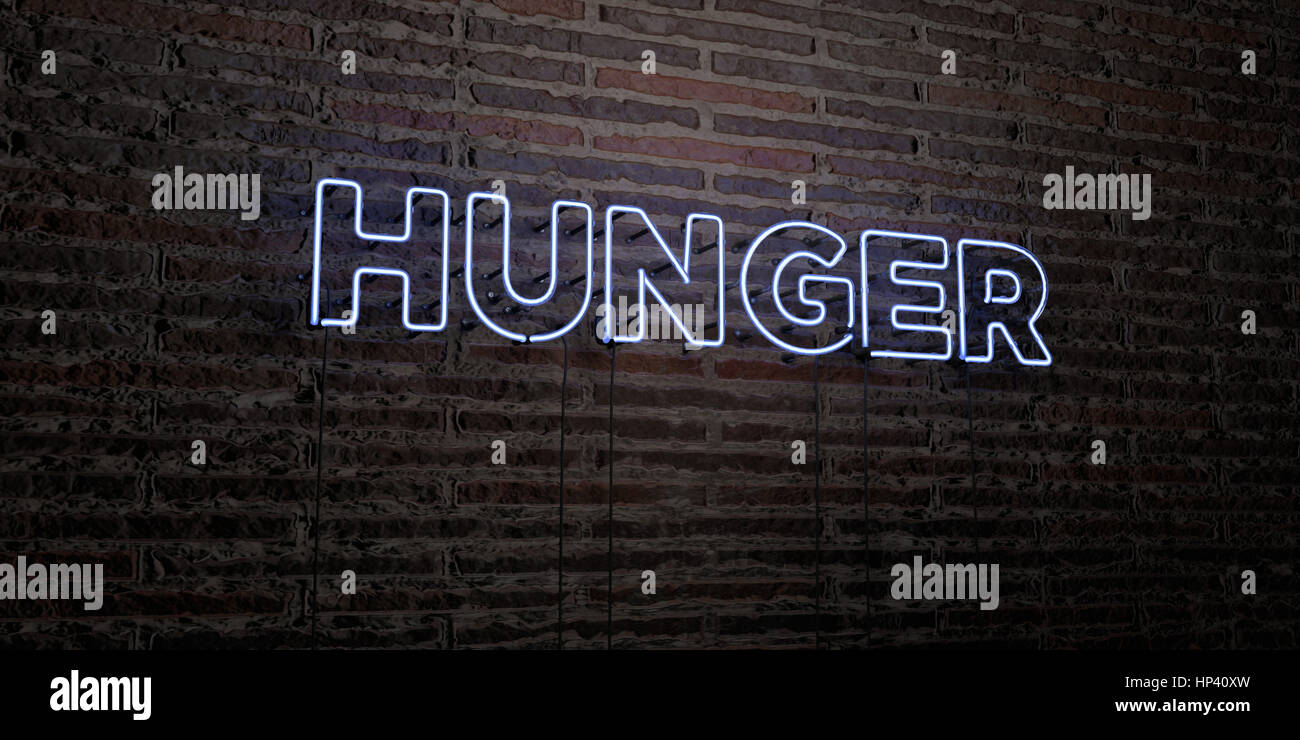 HUNGER -Realistic Neon Sign on Brick Wall background - 3D rendered ...
