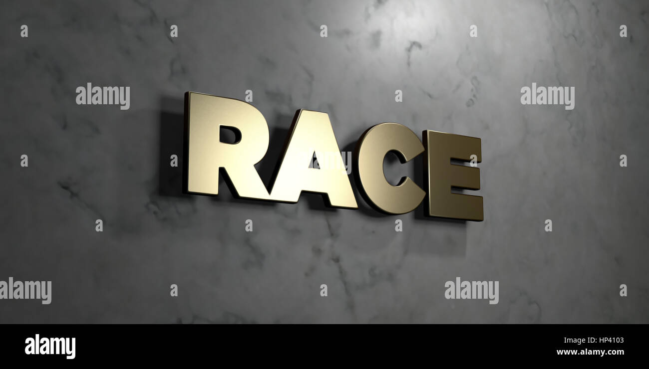 Race - Gold sign mounted on glossy marble wall - 3D rendered royalty ...