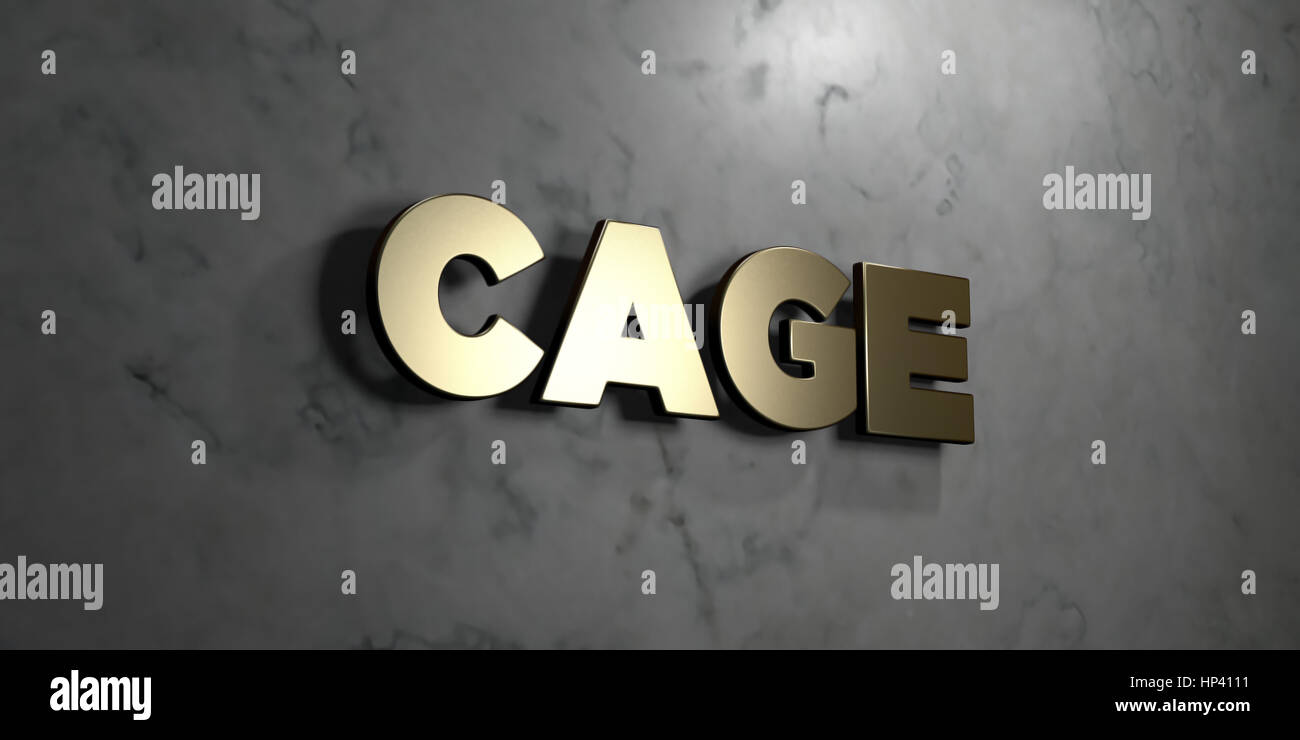 Cage - Gold sign mounted on glossy marble wall - 3D rendered royalty ...