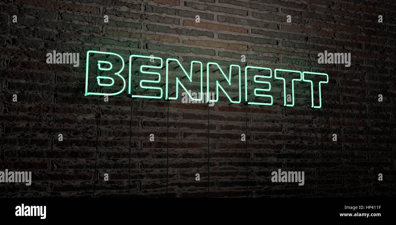 BENNETT -Realistic Neon Sign on Brick Wall background - 3D rendered ...