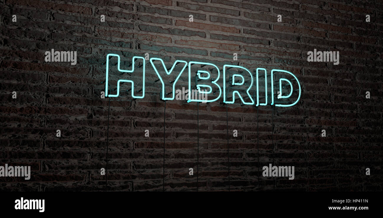HYBRID -Realistic Neon Sign on Brick Wall background - 3D rendered ...