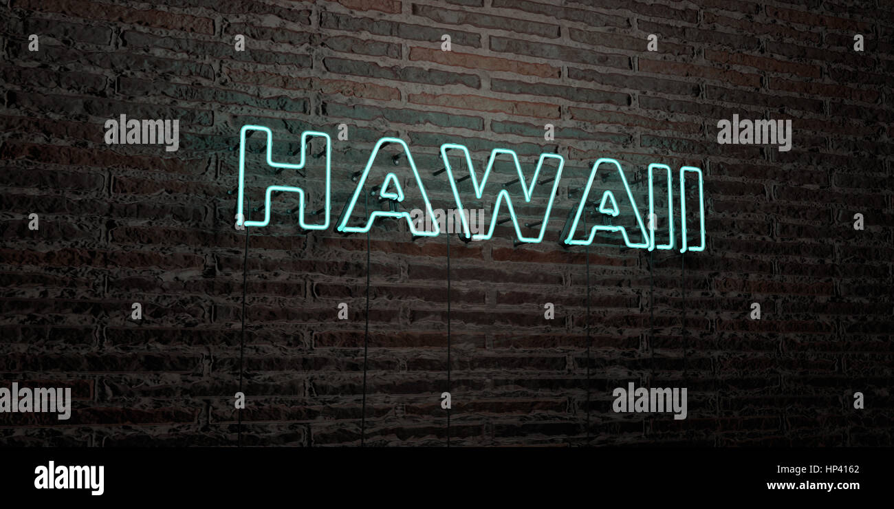HAWAII -Realistic Neon Sign on Brick Wall background - 3D rendered ...