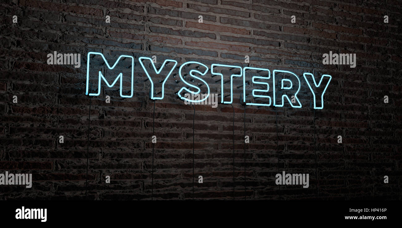 MYSTERY -Realistic Neon Sign on Brick Wall background - 3D rendered ...