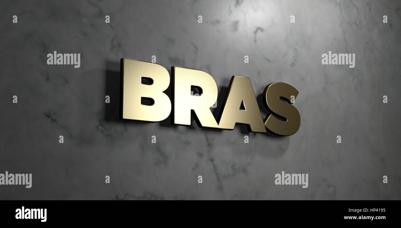 Bras - Gold sign mounted on glossy marble wall - 3D rendered royalty ...