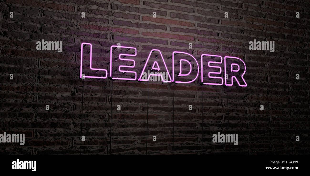 LEADER -Realistic Neon Sign on Brick Wall background - 3D rendered ...
