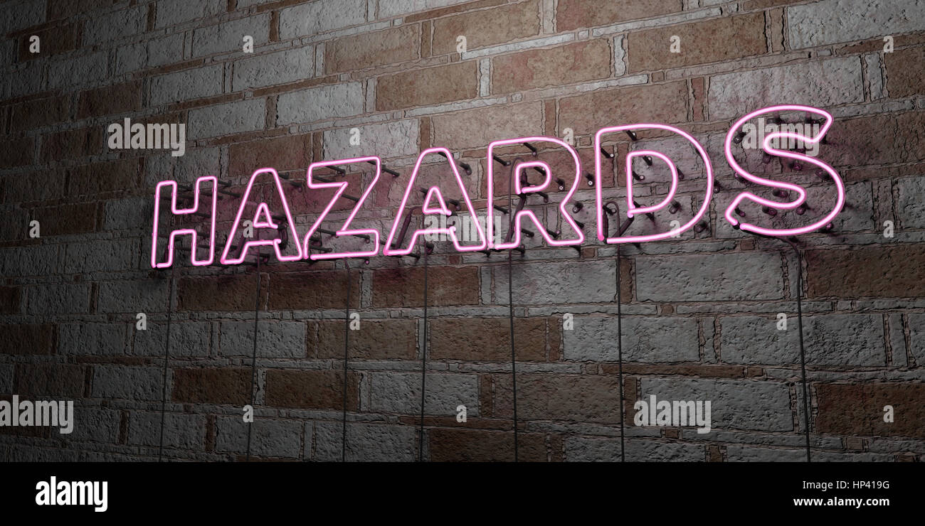 HAZARDS - Glowing Neon Sign on stonework wall - 3D rendered royalty ...