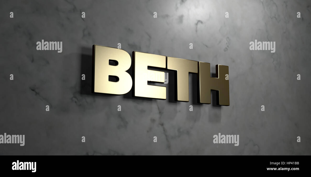 Beth - Gold sign mounted on glossy marble wall - 3D rendered royalty ...