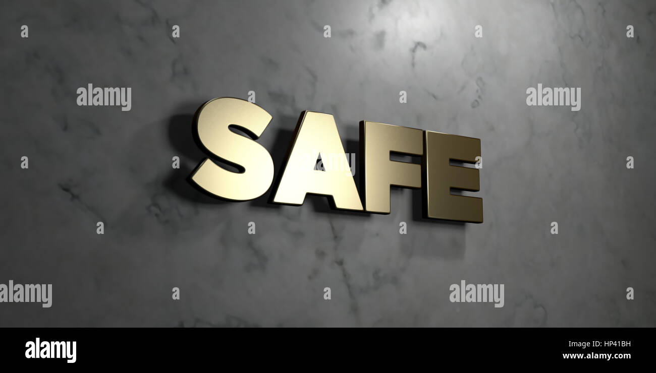 Safe - Gold sign mounted on glossy marble wall - 3D rendered royalty ...