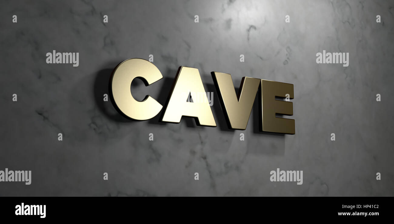 Cave - Gold sign mounted on glossy marble wall - 3D rendered royalty ...