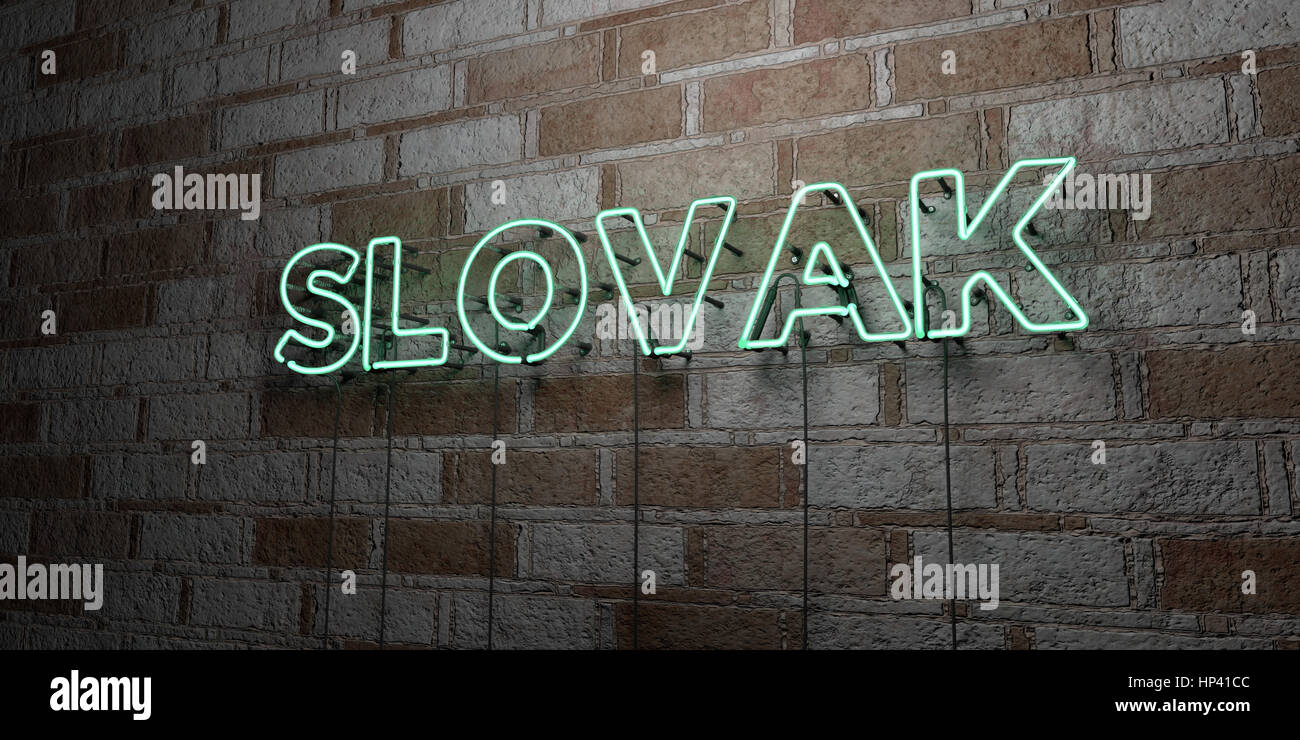 SLOVAK - Glowing Neon Sign on stonework wall - 3D rendered royalty free ...