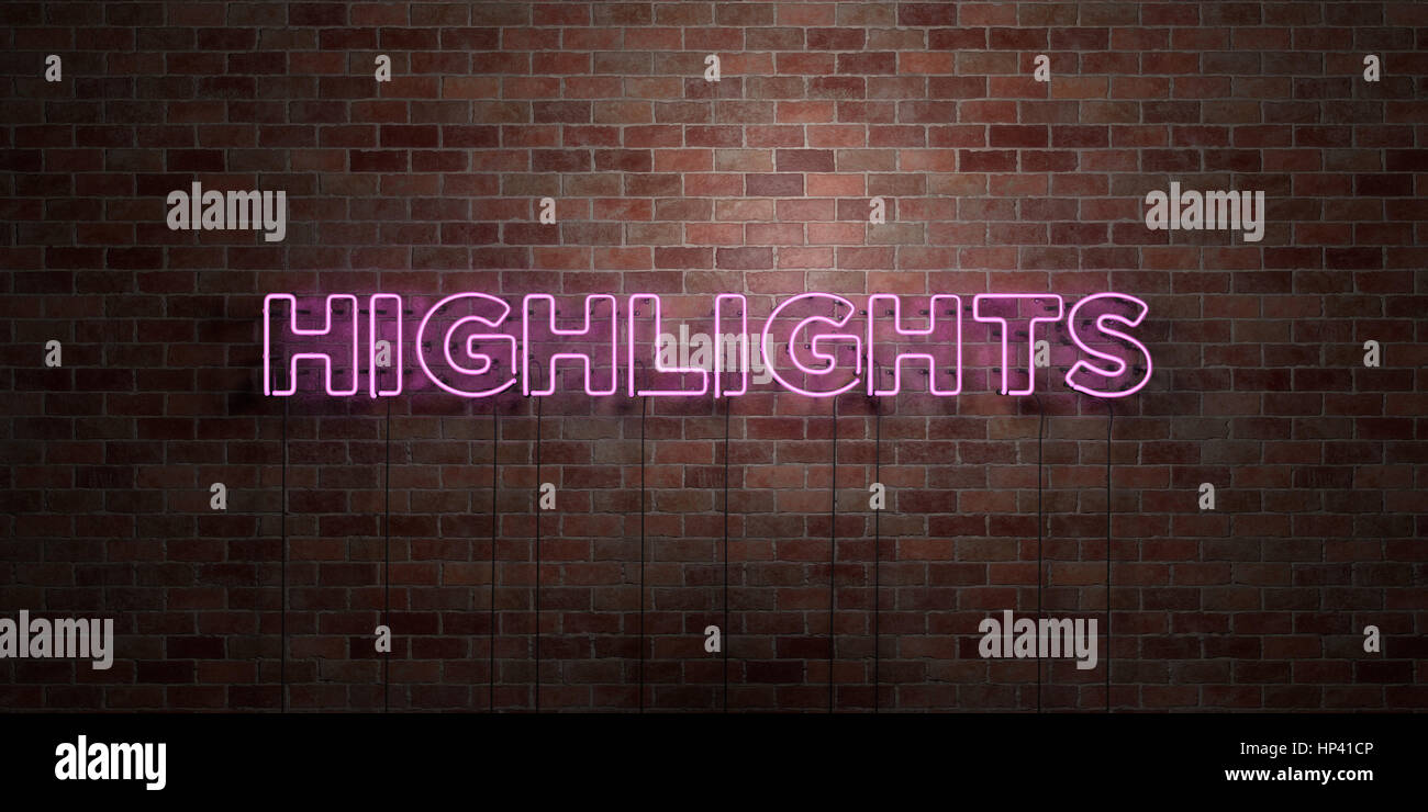 HIGHLIGHTS - fluorescent Neon tube Sign on brickwork - Front view - 3D ...