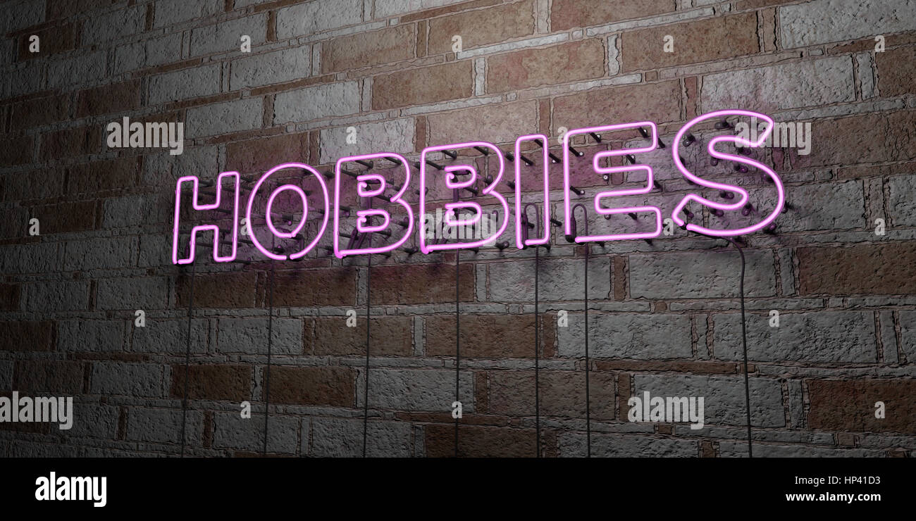 HOBBIES - Glowing Neon Sign on stonework wall - 3D rendered royalty ...