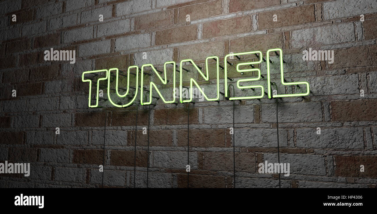 TUNNEL - Glowing Neon Sign on stonework wall - 3D rendered royalty free ...