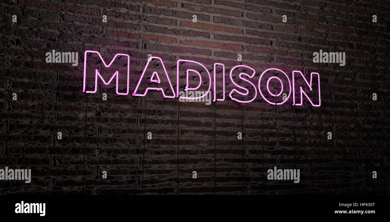 MADISON -Realistic Neon Sign on Brick Wall background - 3D rendered ...
