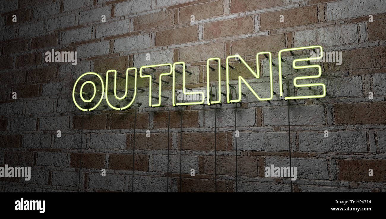 OUTLINE - Glowing Neon Sign on stonework wall - 3D rendered royalty ...