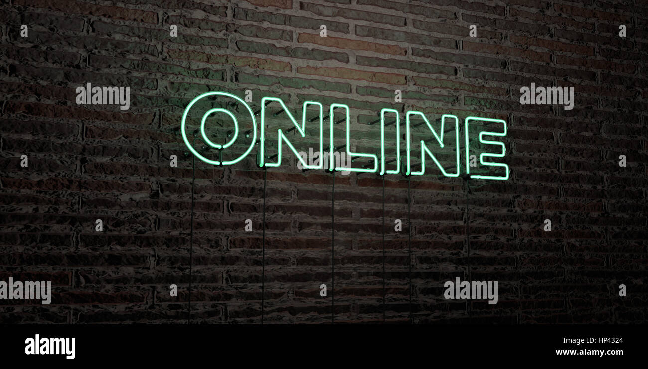 ONLINE -Realistic Neon Sign on Brick Wall background - 3D rendered ...