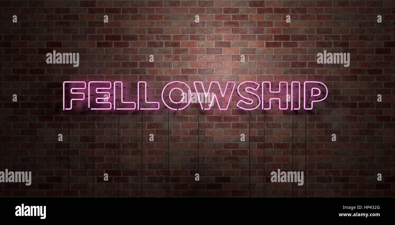 FELLOWSHIP - fluorescent Neon tube Sign on brickwork - Front view - 3D ...