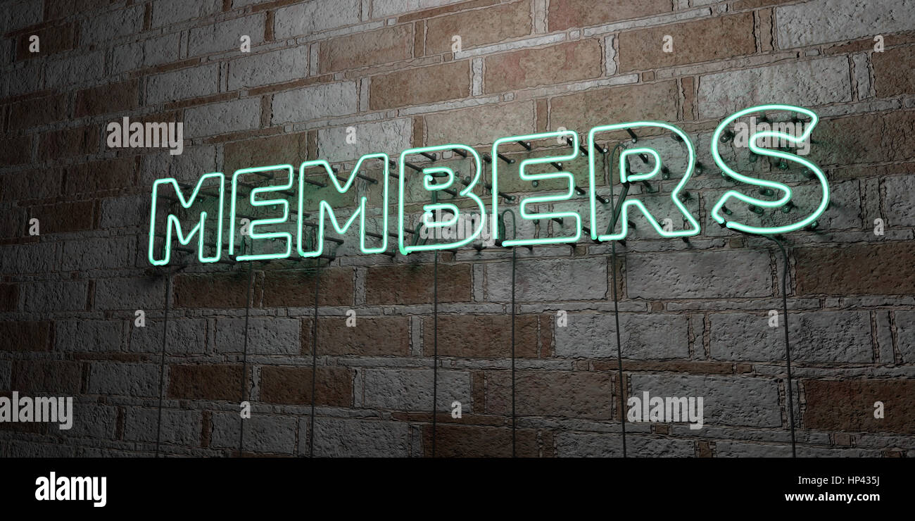 MEMBERS - Glowing Neon Sign on stonework wall - 3D rendered royalty ...