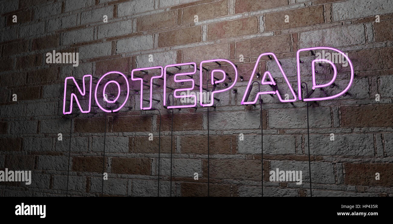NOTEPAD - Glowing Neon Sign on stonework wall - 3D rendered royalty ...