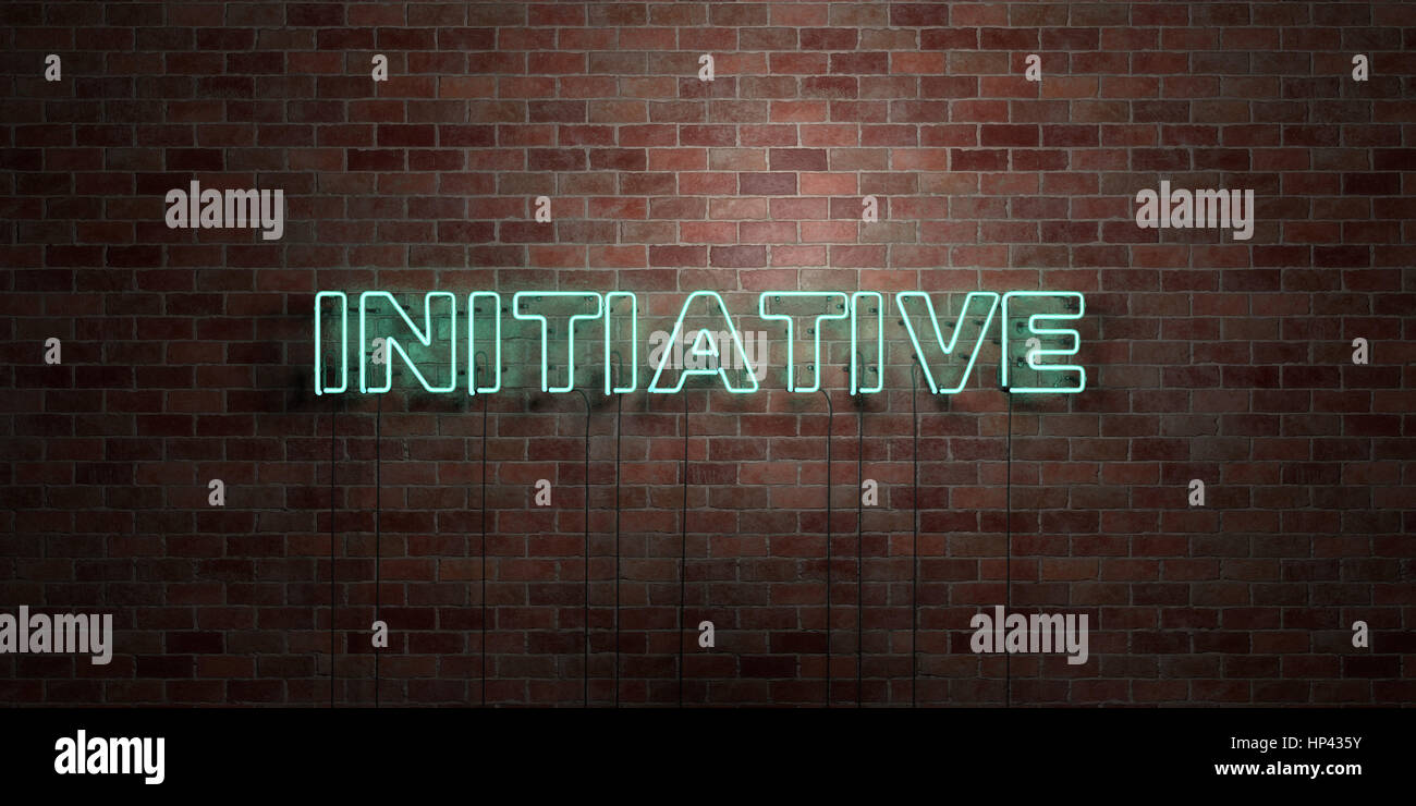 INITIATIVE - fluorescent Neon tube Sign on brickwork - Front view - 3D ...