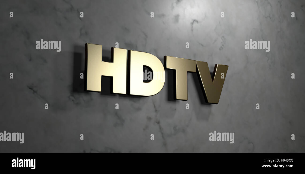 Hdtv - Gold sign mounted on glossy marble wall - 3D rendered royalty ...