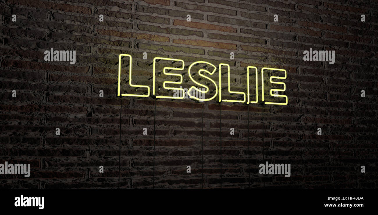 LESLIE -Realistic Neon Sign on Brick Wall background - 3D rendered ...