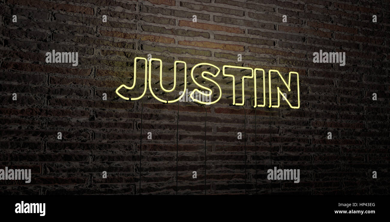 JUSTIN -Realistic Neon Sign on Brick Wall background - 3D rendered ...