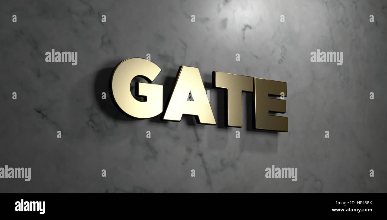 Gate - Gold sign mounted on glossy marble wall - 3D rendered royalty ...