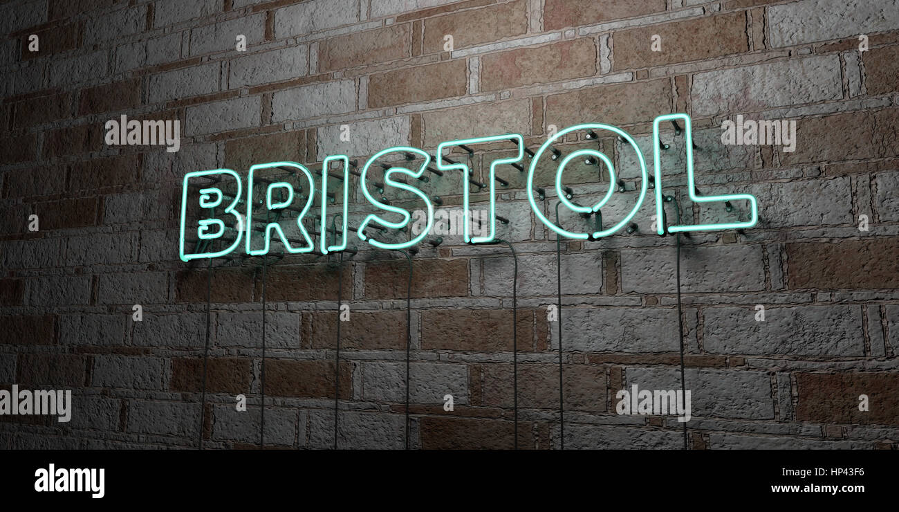 BRISTOL - Glowing Neon Sign on stonework wall - 3D rendered royalty ...