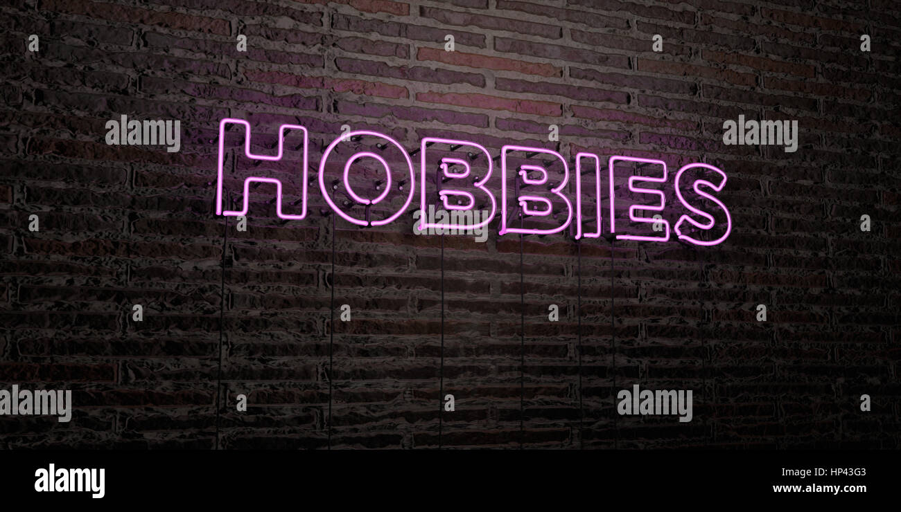 HOBBIES -Realistic Neon Sign on Brick Wall background - 3D rendered ...