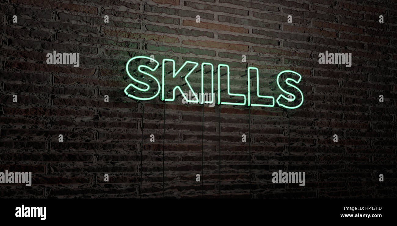 SKILLS -Realistic Neon Sign on Brick Wall background - 3D rendered ...