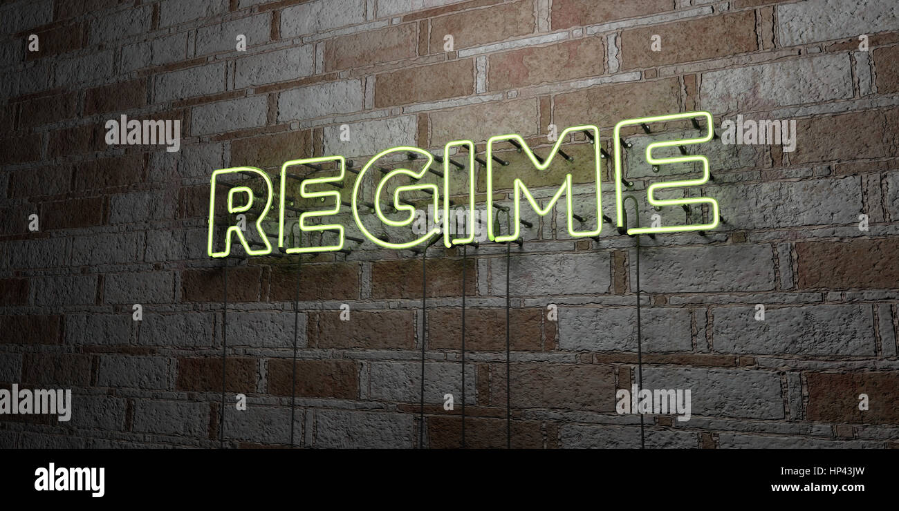 REGIME - Glowing Neon Sign on stonework wall - 3D rendered royalty free ...