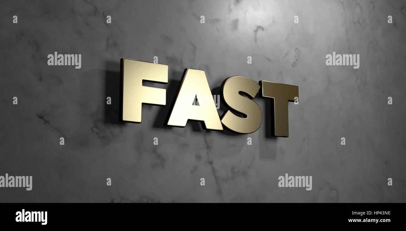 Fast - Gold sign mounted on glossy marble wall - 3D rendered royalty ...