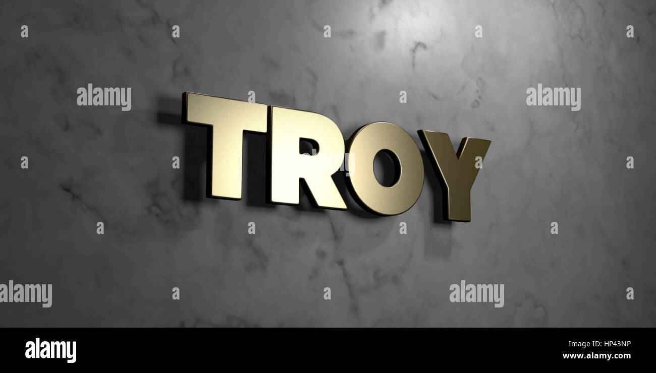 Troy - Gold sign mounted on glossy marble wall - 3D rendered royalty ...
